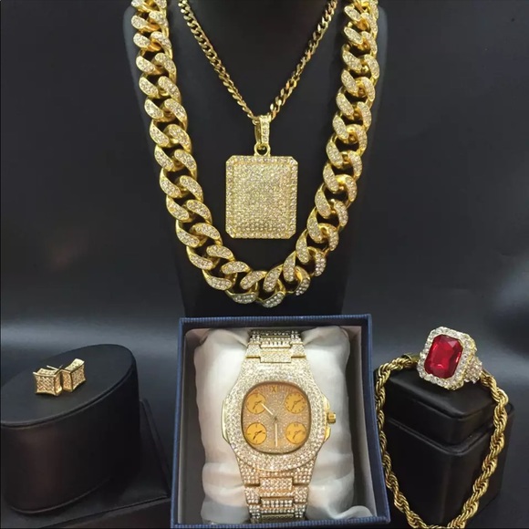 Accessories | 6pcs Flashy Bling Hip Hop Jewelry Set Gold Ruby | Poshmark